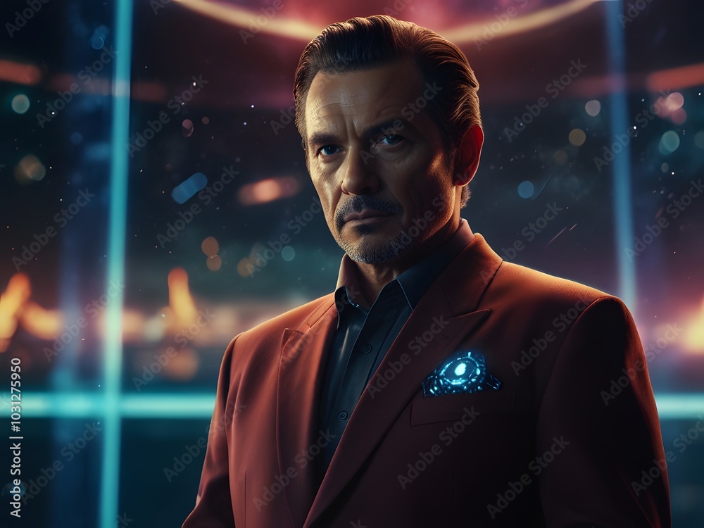 Standing on a mountain, a futuristic man overlooks a modern city ...