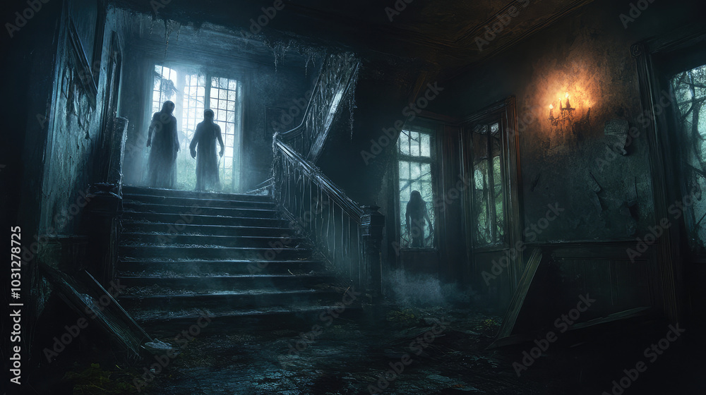 A terrifying family of ghosts, their decayed figures floating through ...