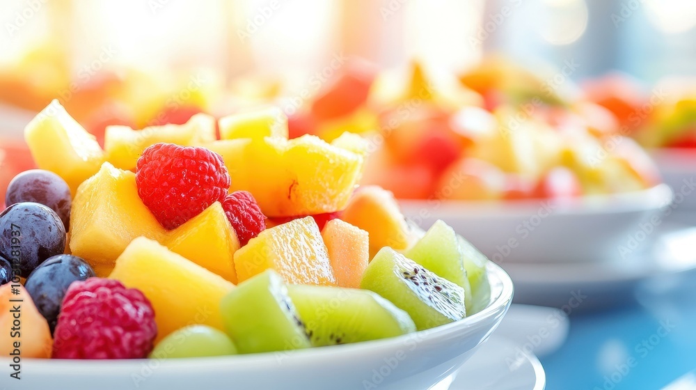 Bright and colorful fruits artfully arranged in bowls create a feast ...