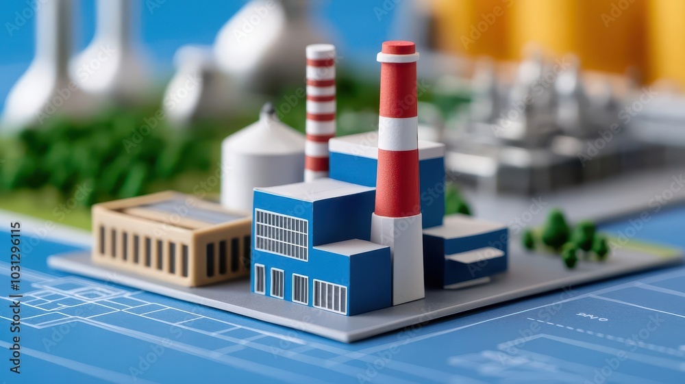 Detailed model of an industrial factory on an architectural blueprint ...
