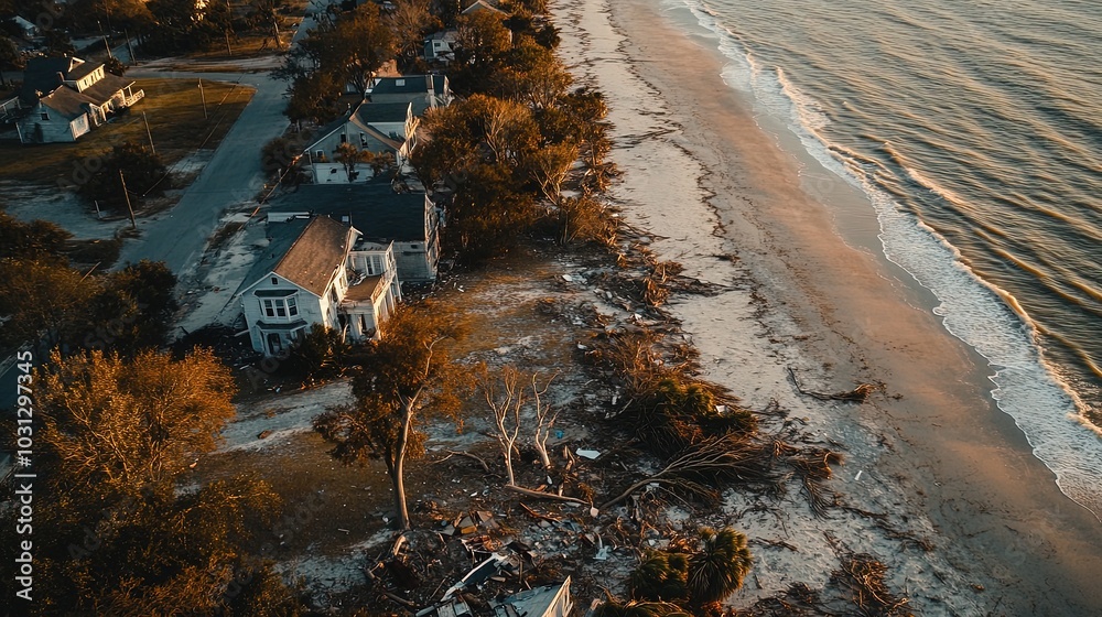 Aerial View of Hurricane-Damaged Coastal Town with Uprooted Trees ...