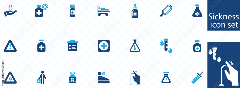 Sickness icon set. Containing disease, fever, patient, sick, illness ...