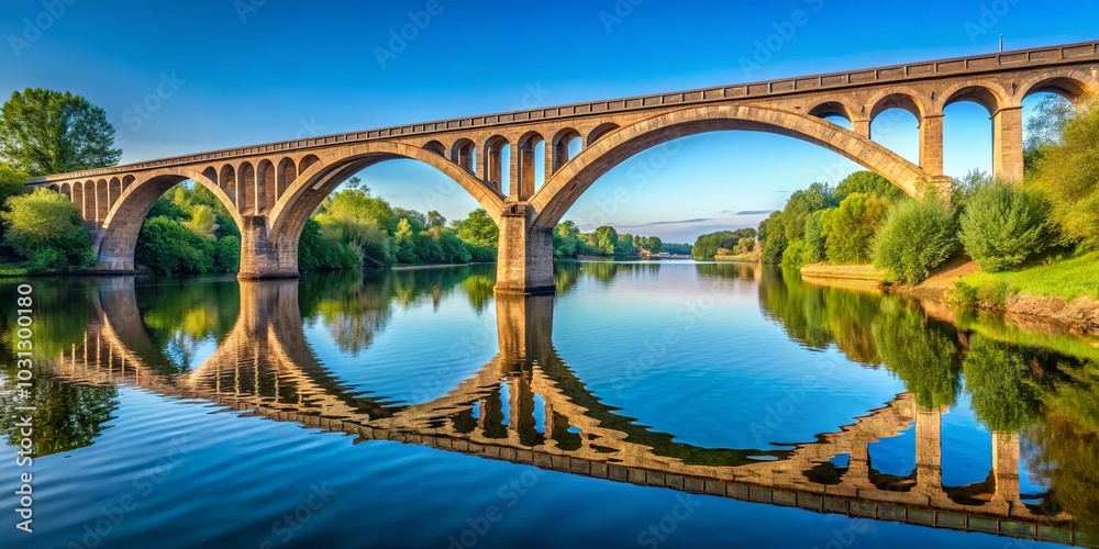 An expansive stone arch bridge spans a tranquil river, its reflection ...