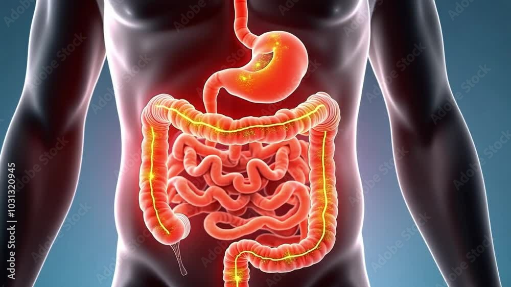 A detailed of the human digestive system showing the effects of Crohn’s ...