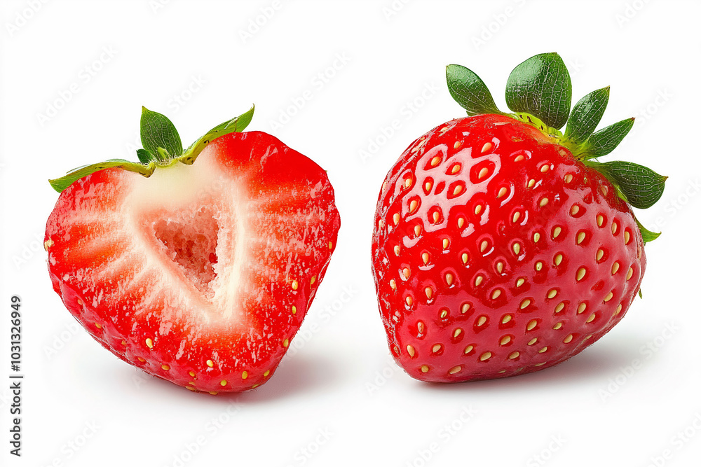 Strawberries isolated. Strawberry whole and half on white. Side view ...