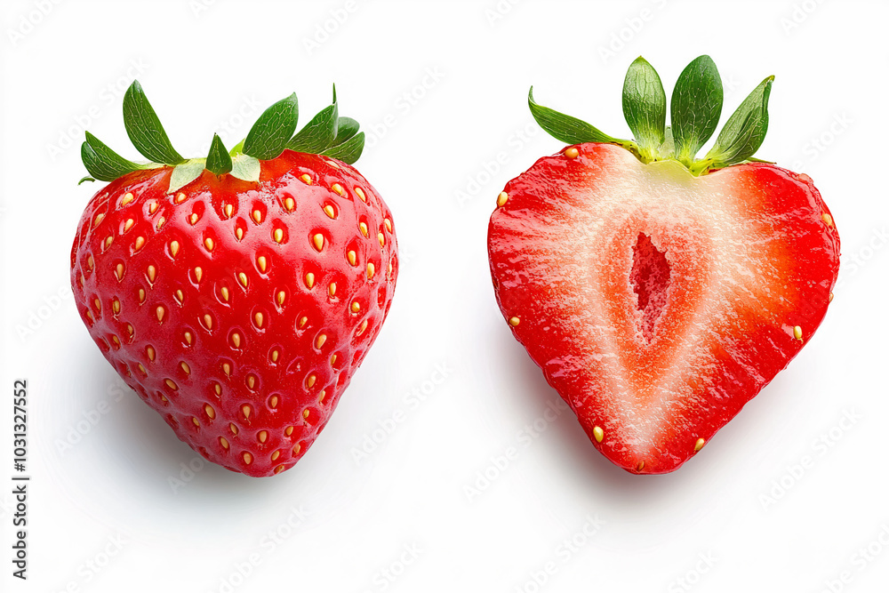 Strawberries isolated. Strawberry whole and half on white. Side view ...