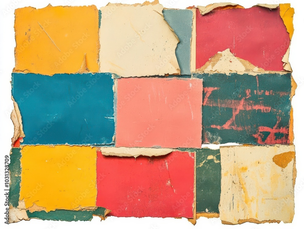 vintage note paper piece with colorful grunge tape labels, torn edges ...