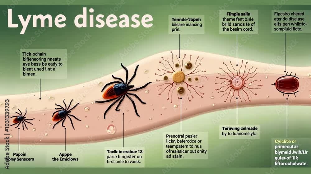 An infographic on Lyme disease, featuring a tick biting human skin and the progression of the ...