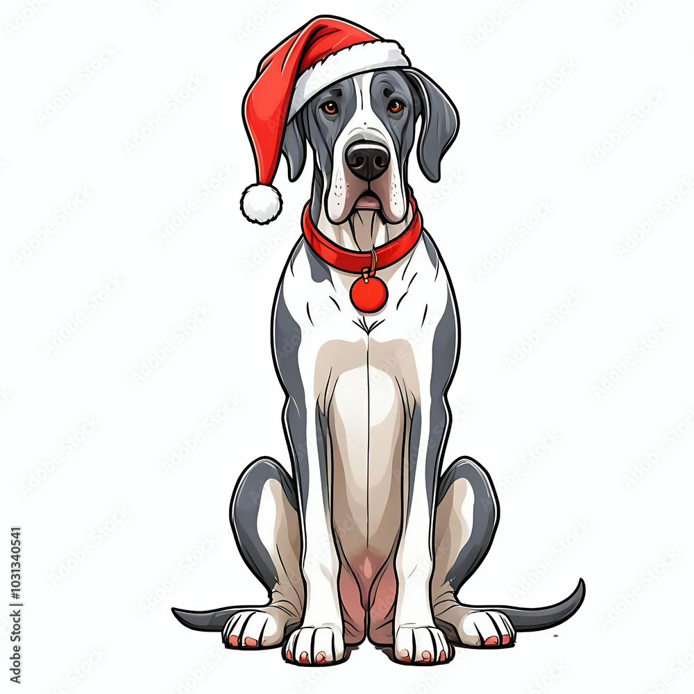 Christmas great dane cartoon illustration design, dog wearing a santa ...