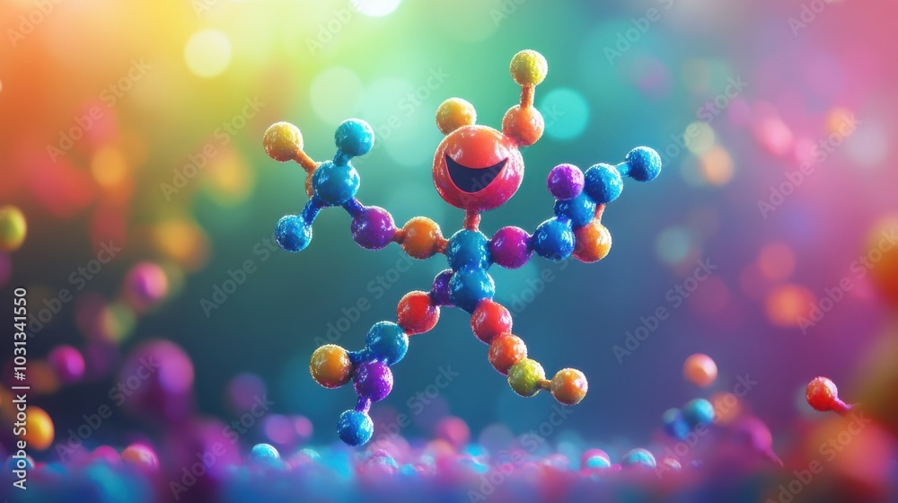 Colorful cartoon character made of amino acids dances joyfully ...