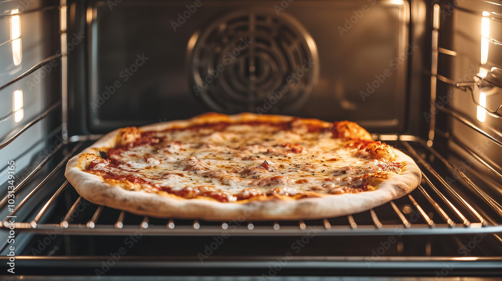 Pizza baking in the oven on the lower rack with melted cheese and a ...