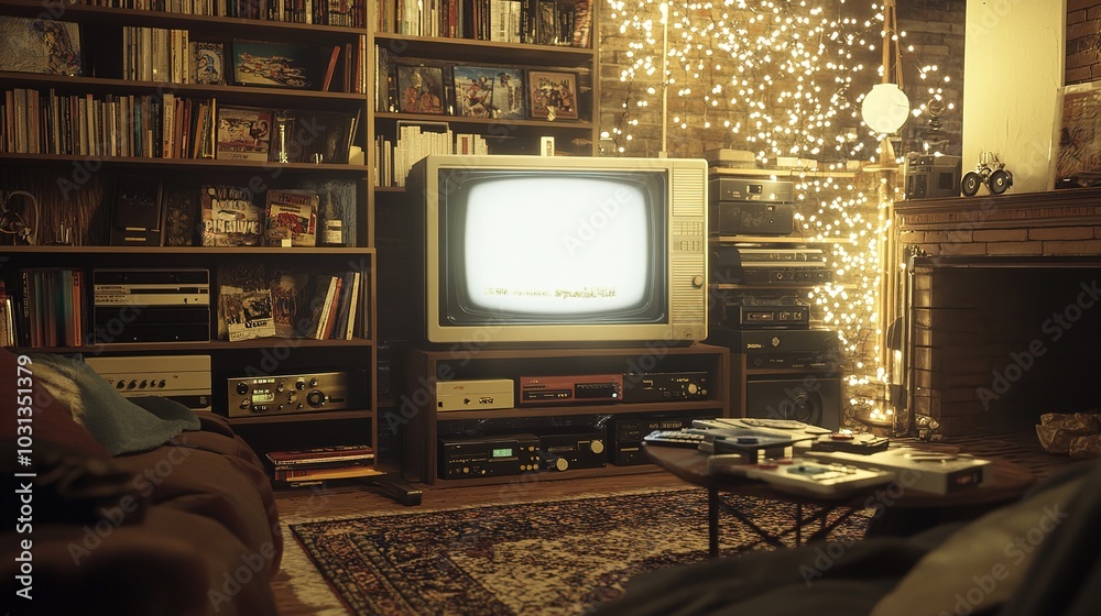 A Cozy Living Room with a Vintage CRT Television Playing a Classic VHS ...