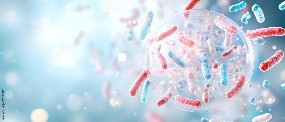 Colorful, micro bacterial cells in a blurred background, representing ...