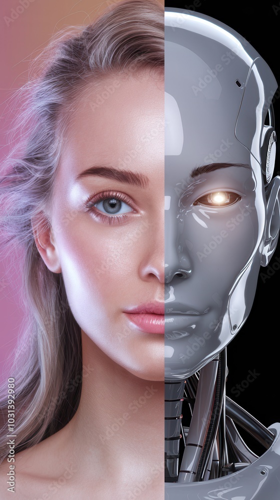 Artistic split image of human face and robotic head, comparing human ...
