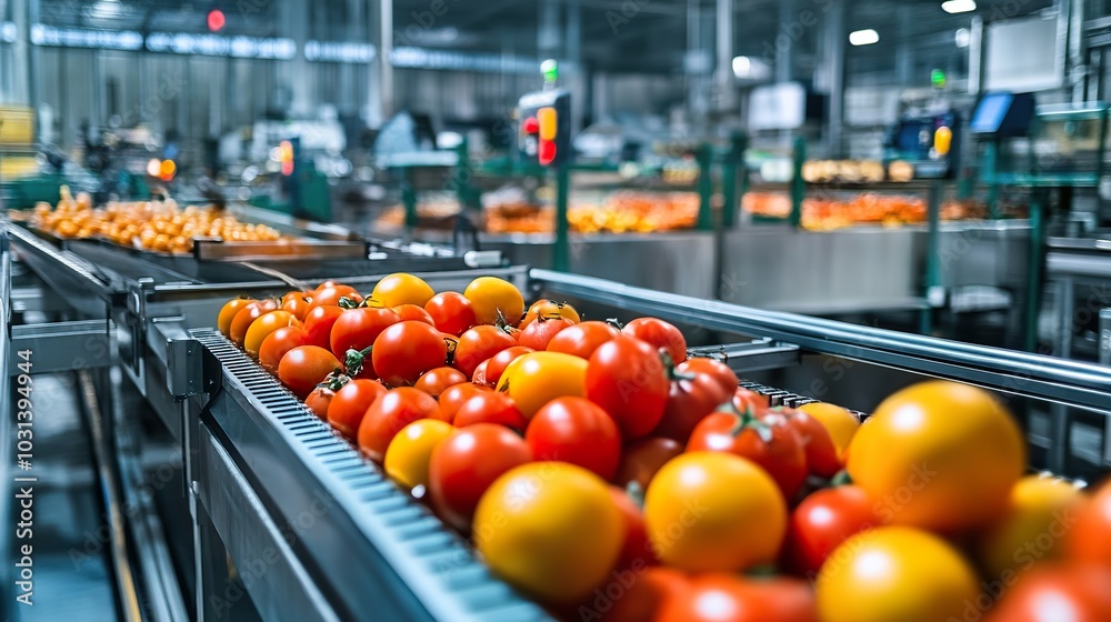 A modern production line in a food processing factory, with automated ...