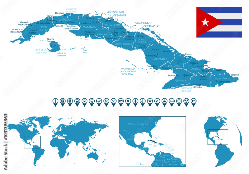 Cuba - detailed blue country map with cities, regions, location on ...