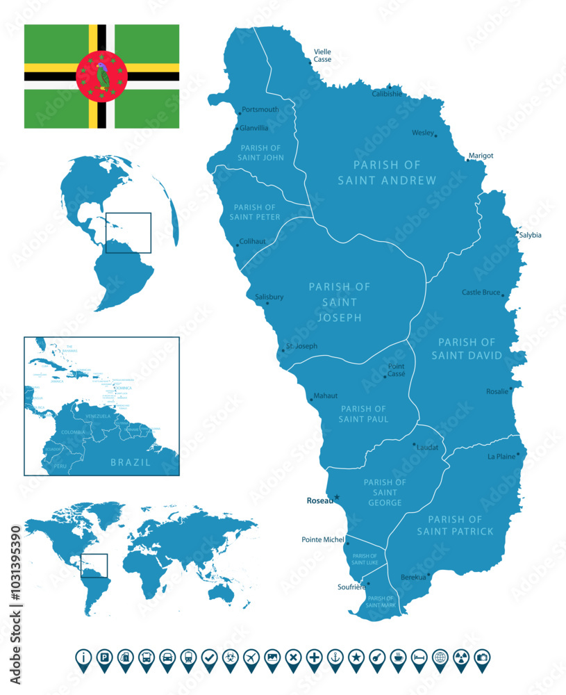 Dominica - detailed blue country map with cities, regions, location on ...