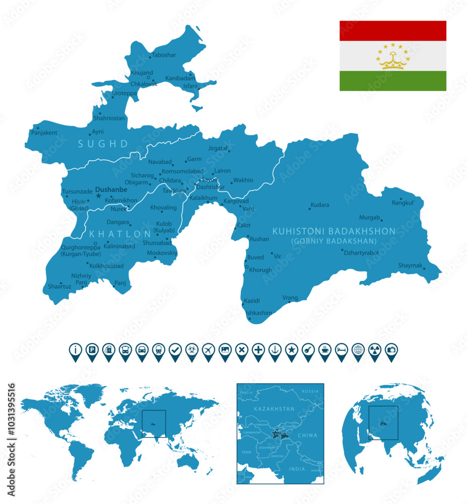 Tajikistan - detailed blue country map with cities, regions, location ...