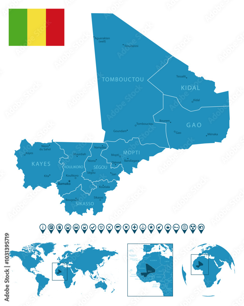 Mali - detailed blue country map with cities, regions, location on ...