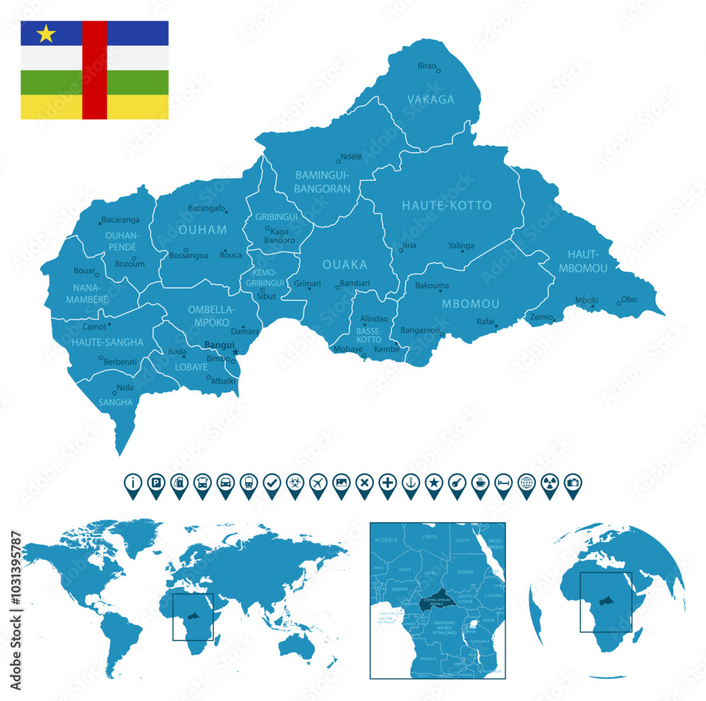 Central African Republic - detailed blue country map with cities ...