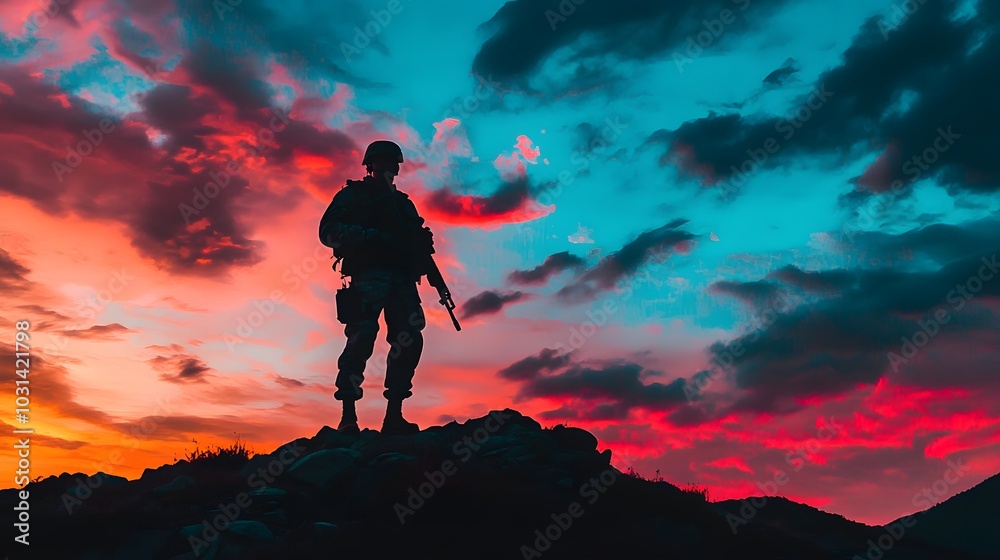 Silhouette of a soldier standing on a hill with a rifle against a ...