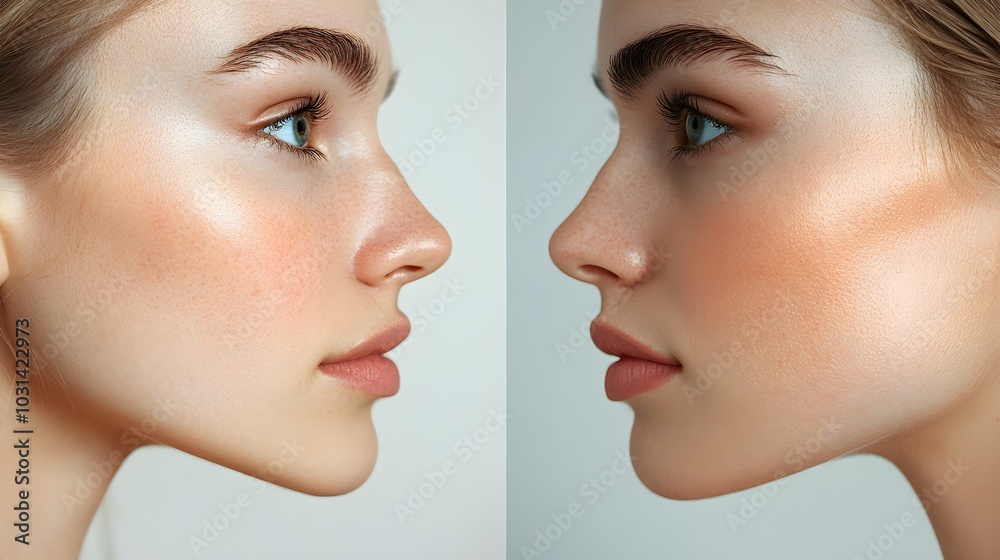 Side-by-side photos of a patient before and after rhinoplasty, with ...