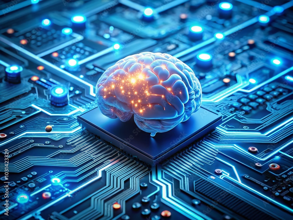 Futuristic Digital Human Brain on Glowing Blue Circuit Board with Neural Chips for Advanced ...