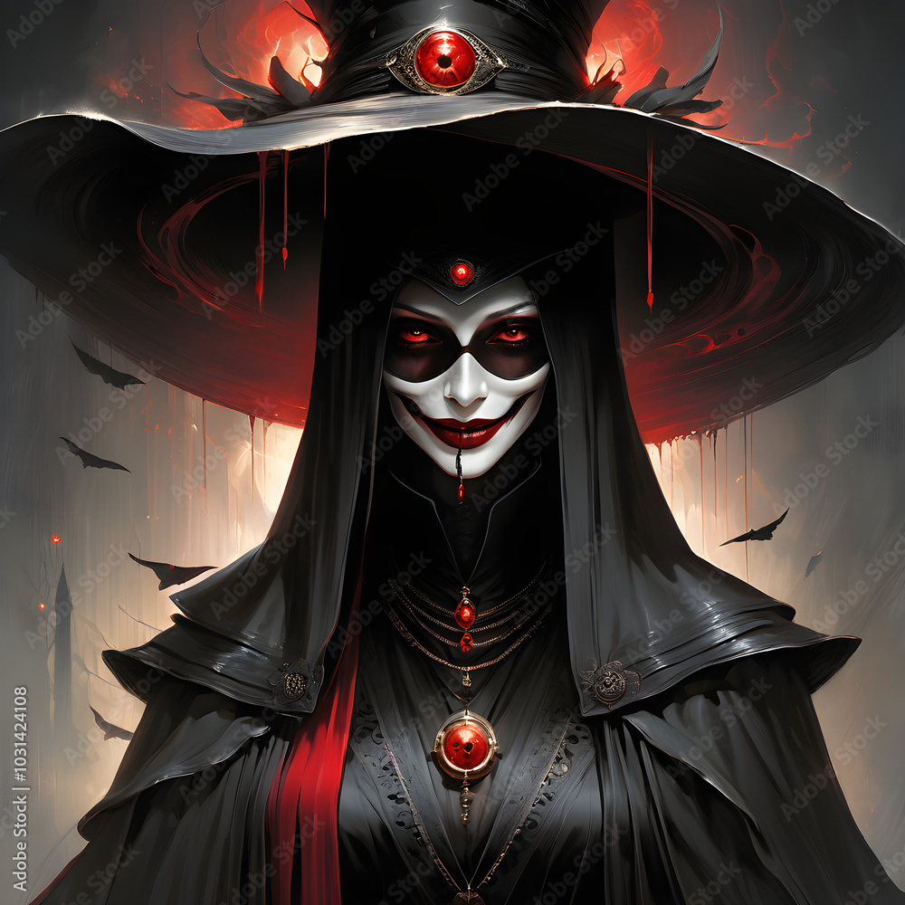 The painting presents a striking necromancer, cloaked in dark robes and ...