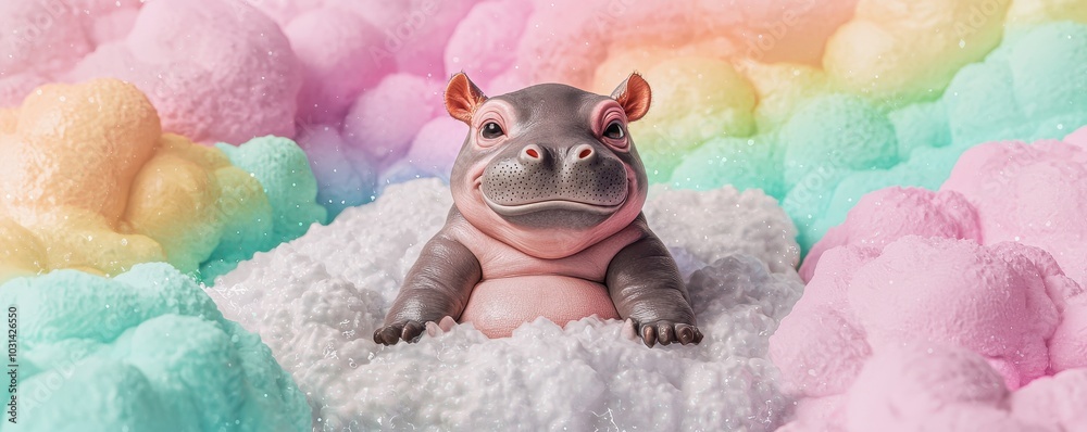 Snarky baby hippo floating on a cloud, 3D fantasy scene, rainbow colors ...