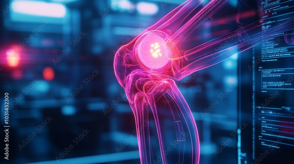 Futuristic knee joint examination, glowing X-ray with holographic ...