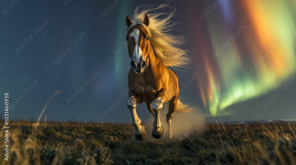 Majestic wild horse galloping towards camera in full body shot, brown ...