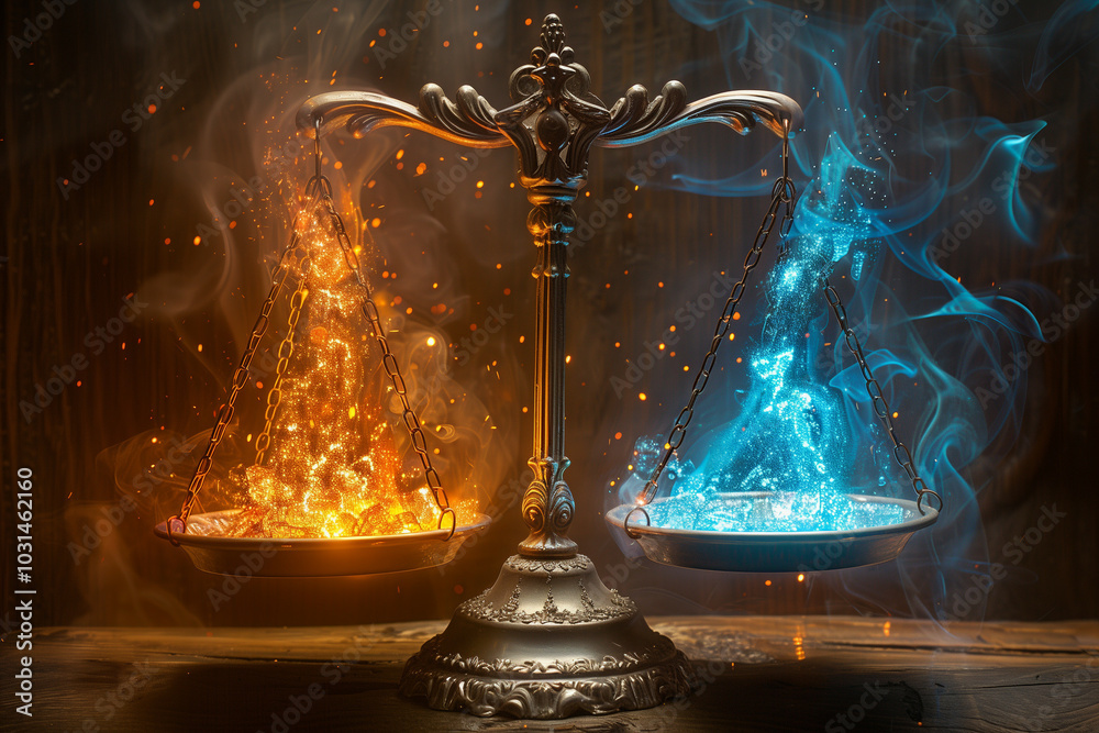 An evocative depiction of an antique scale balancing opposing forces of ...