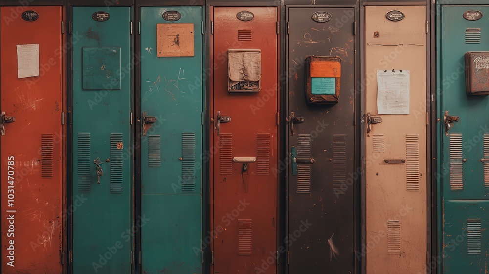 A row of vintage school lockers in various colors, showcasing wear and ...