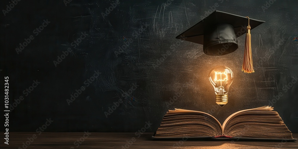 Illuminated light bulb above an open book with graduation cap ...