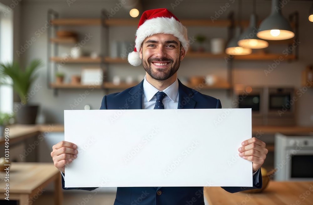Cheerful salesman in a business suit and Santa hat holds a blank sign ...
