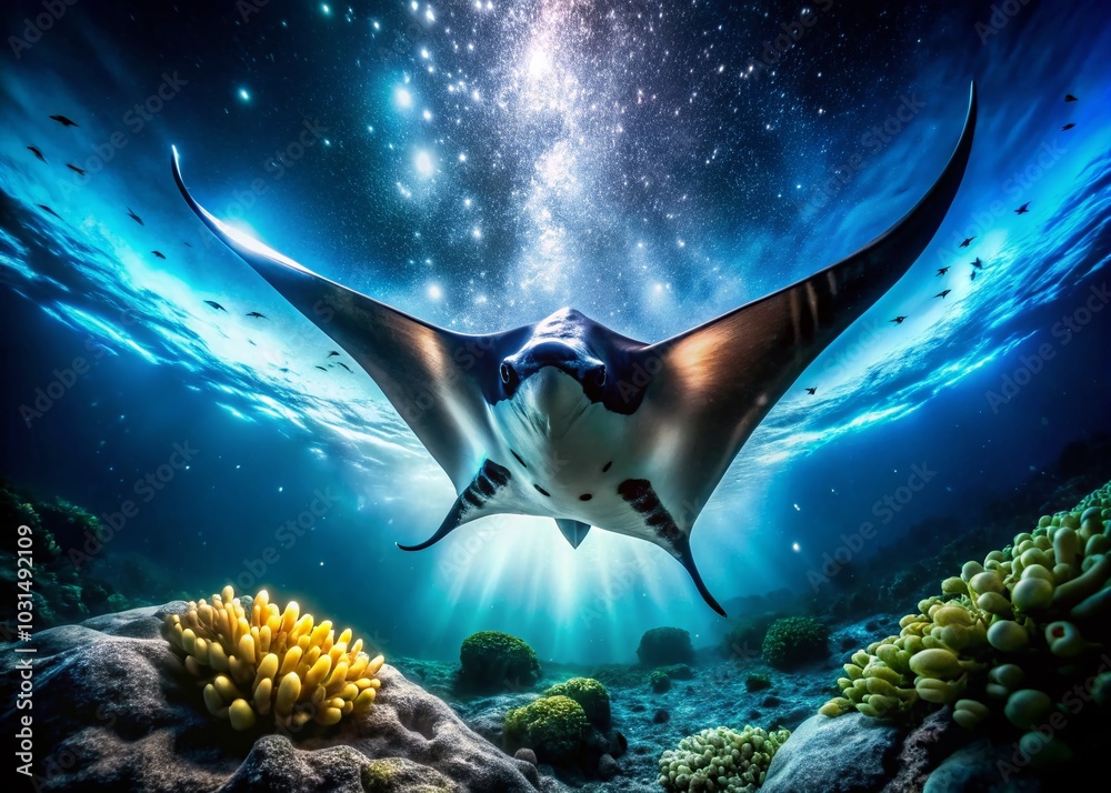 Manta Ray Swimming Upside Down at Night with Divers Below - Stunning ...