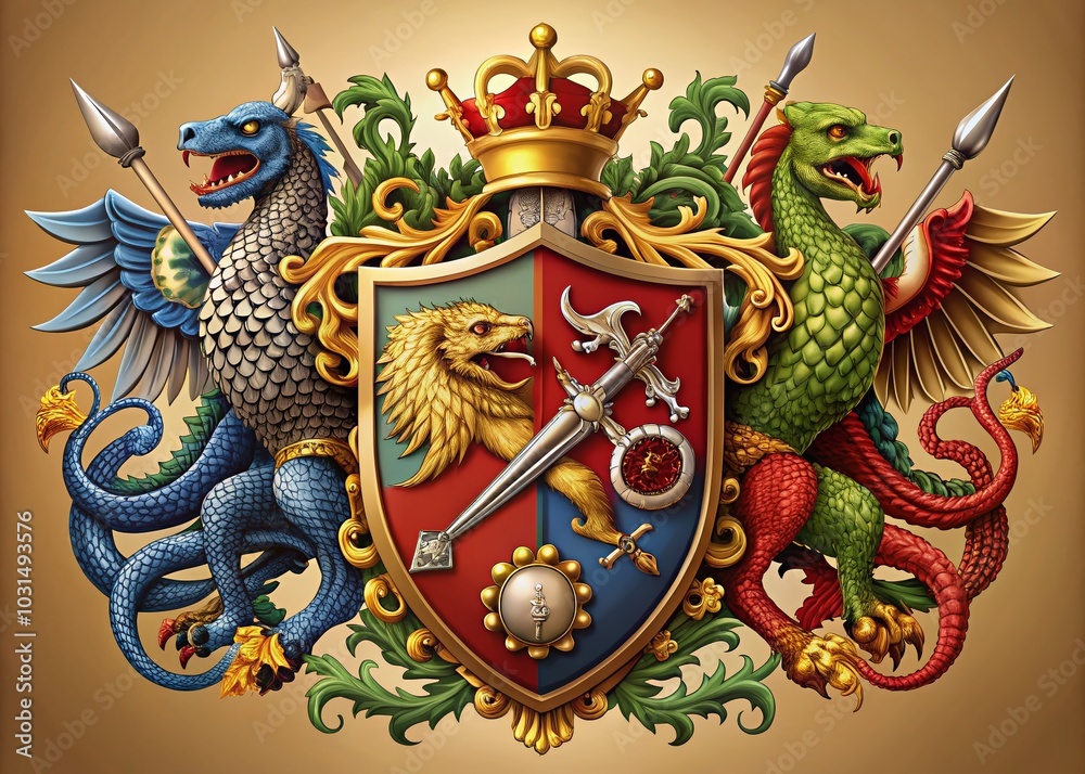 Medieval Heraldic Emblem Templates with Snake, Lion, Eagle, Shields ...