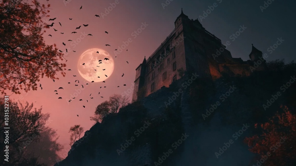 Spooky old medieval castle: Ancient eerie castle on mountain, swarm of ...