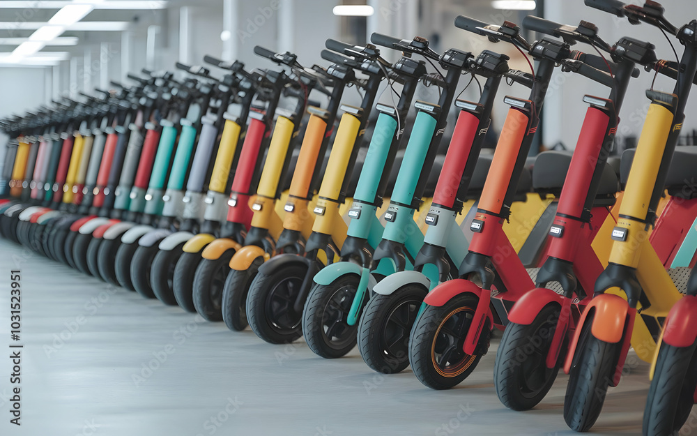 various colourful electric scooters in the show room for selling, A ...