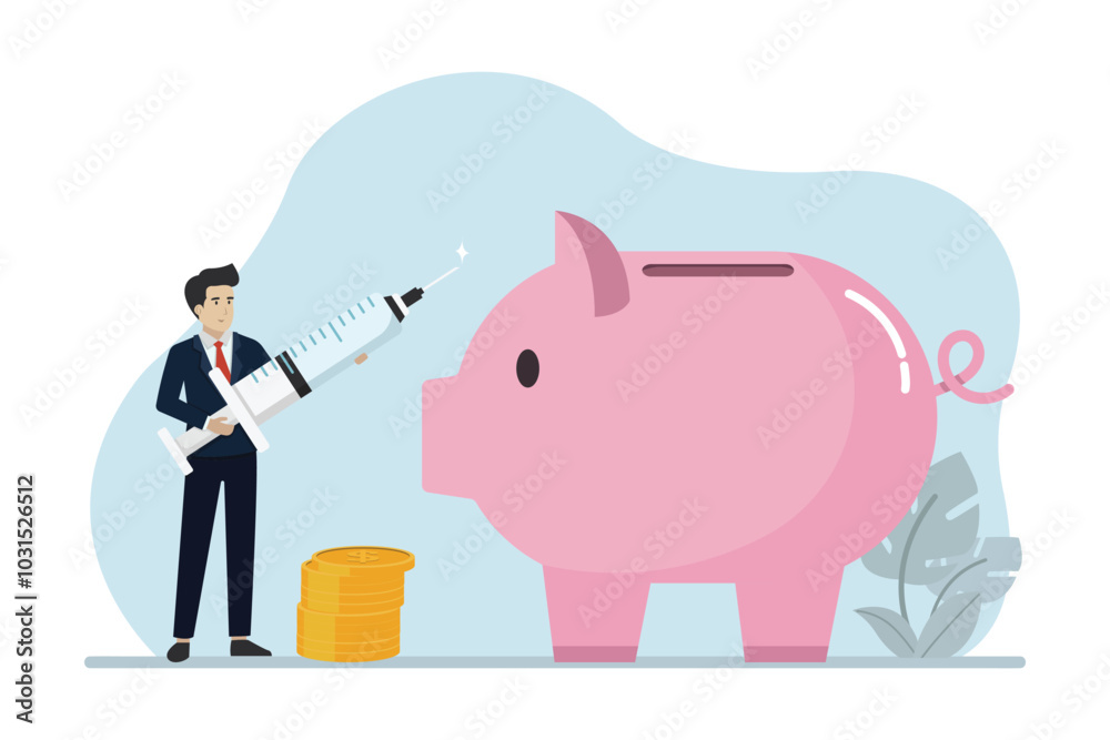 Injection of funds, investment or capital, businessman injecting coins ...