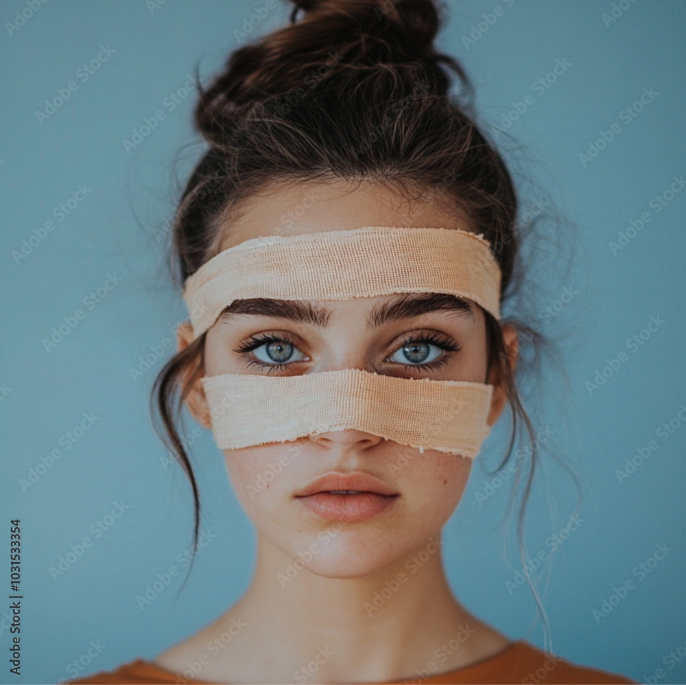 cute young woman with bands wrapping her face ,still visible eyes and ...