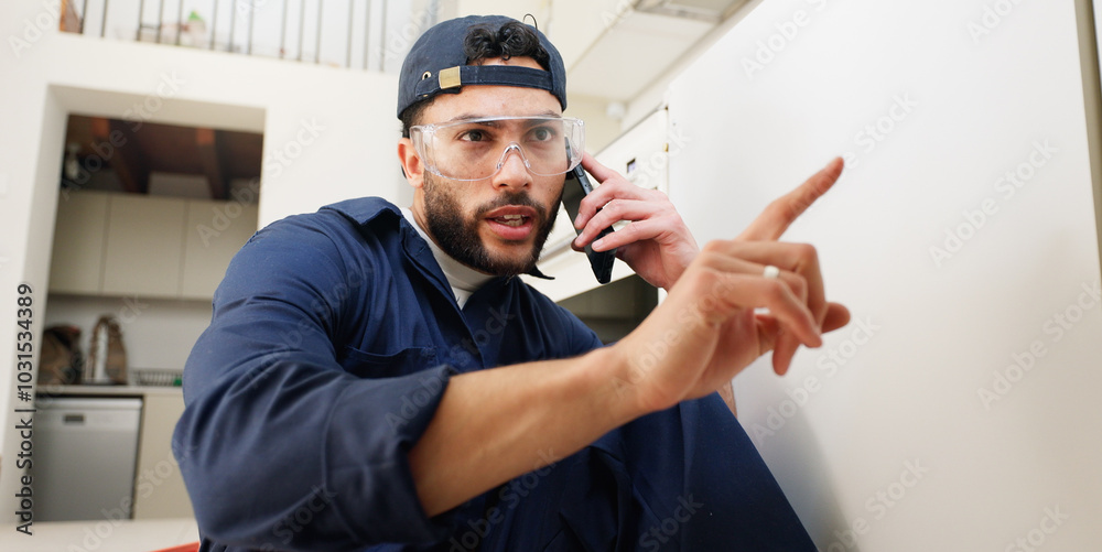 Plumber, worker and man with phone call in home for pipeline problem ...