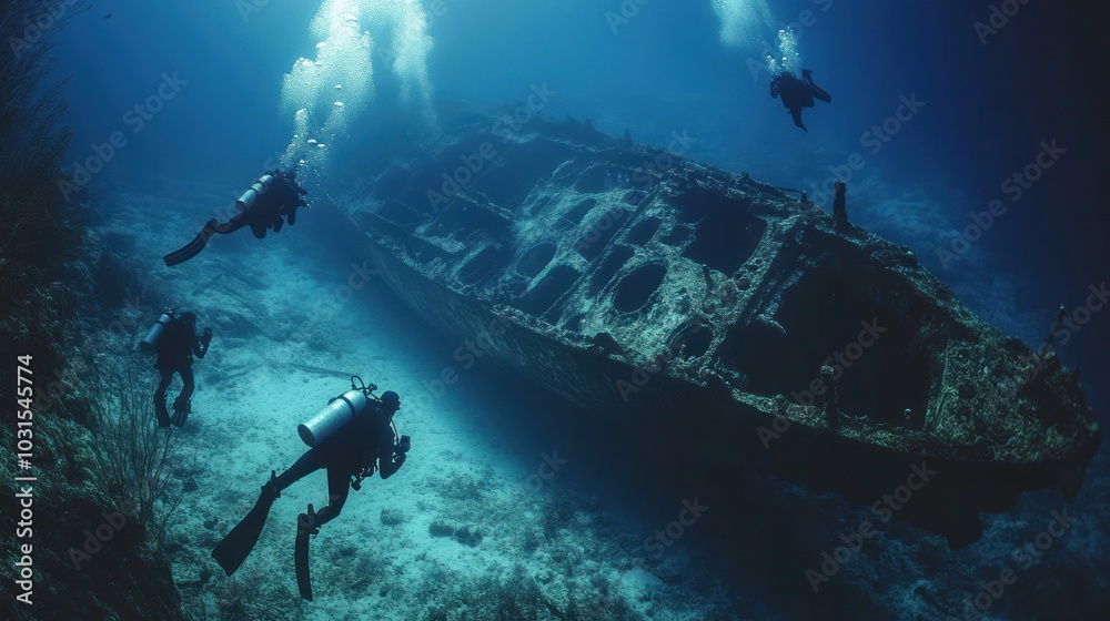 Deep-sea divers exploring shipwrecks and underwater caves, venturing ...