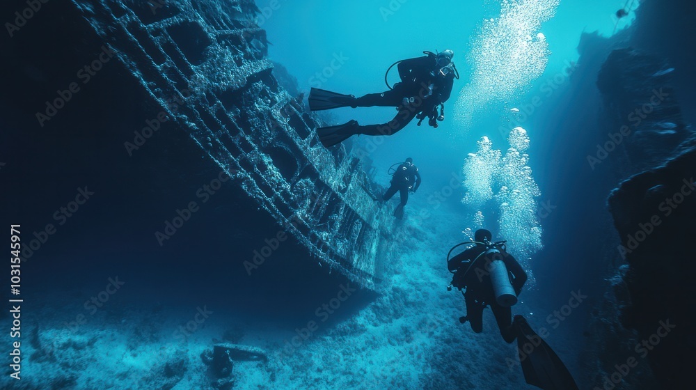 Deep-sea divers exploring shipwrecks and underwater caves, venturing ...