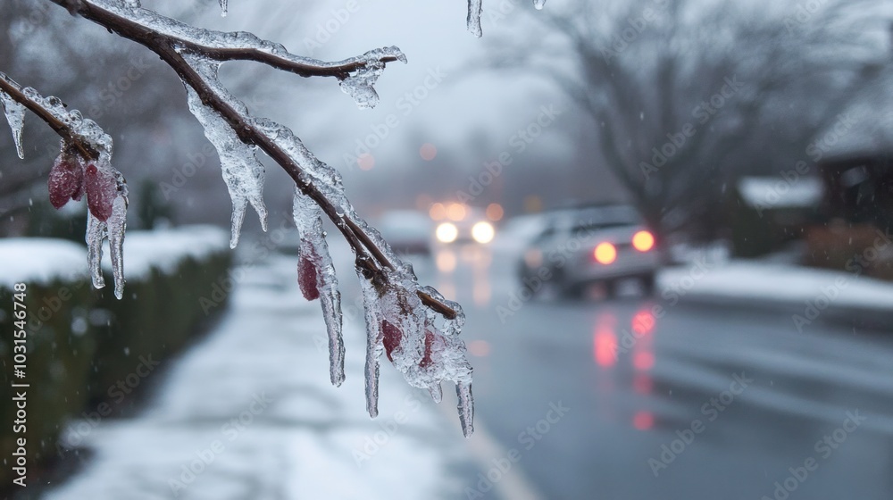 Freezing rain coating tree branches and roads, making driving ...