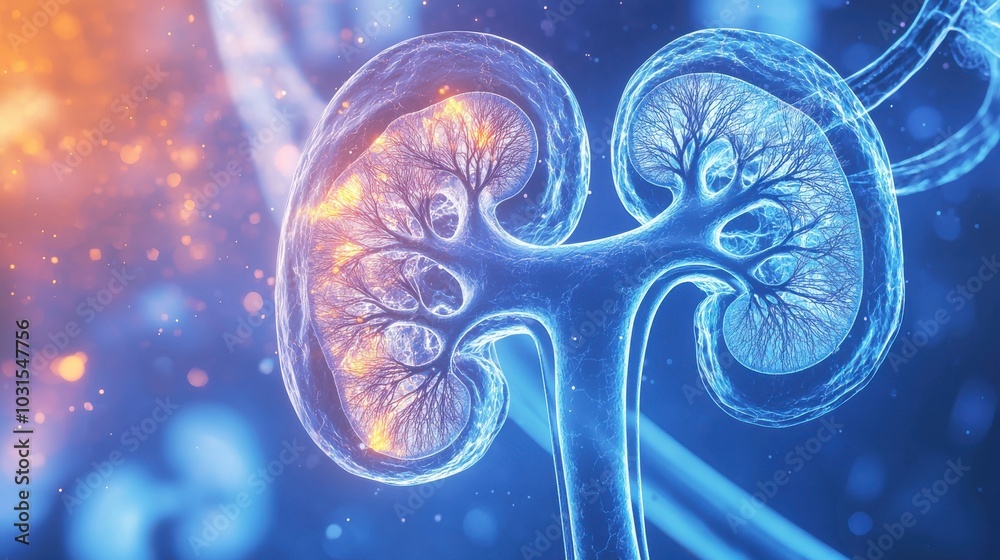 Close-up of kidney anatomy highlighted in a medical research journal ...