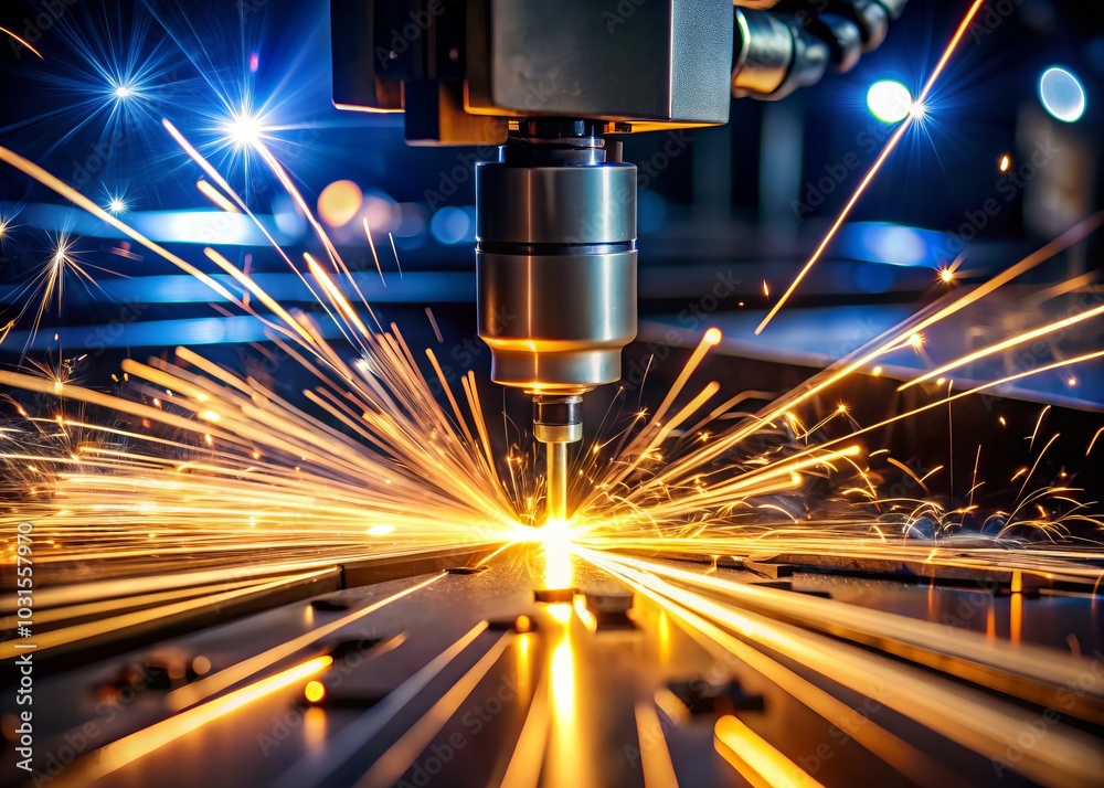 Silhouette of Laser Welding Machine with Sparks Flying, Industrial ...