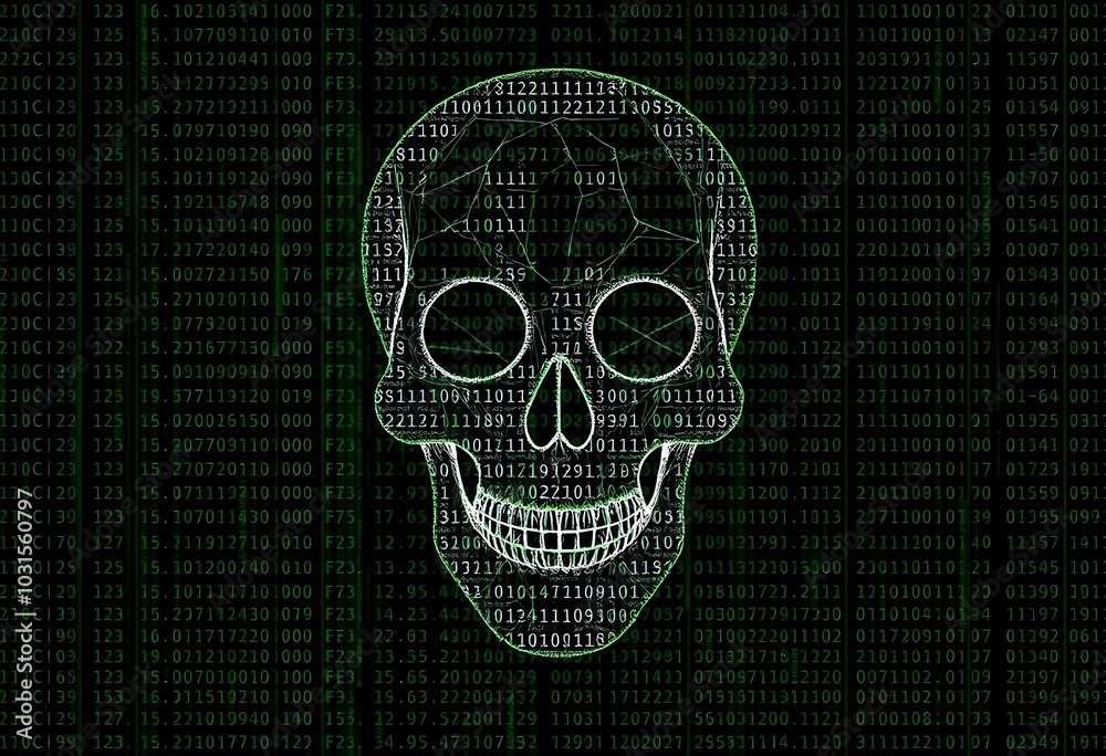Cybercrime skull diagram made with binary digits on dark black ...