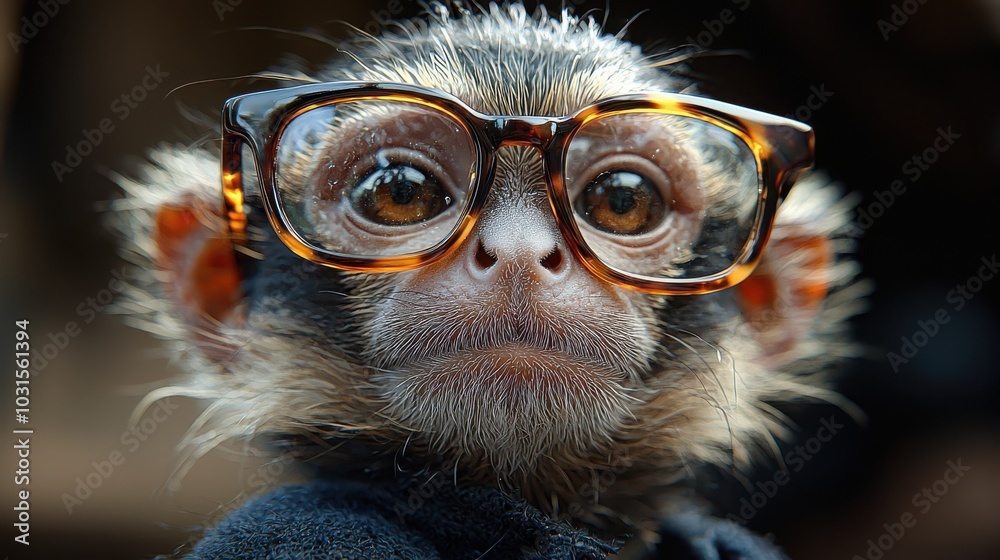 Cute monkey wearing glasses poses for a close-up photo in a playful ...