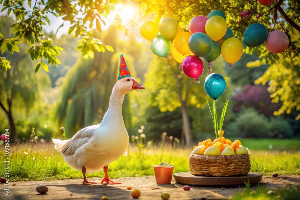 Birthday Goose in a Colorful Party Hat Cone Celebrating with Balloons ...